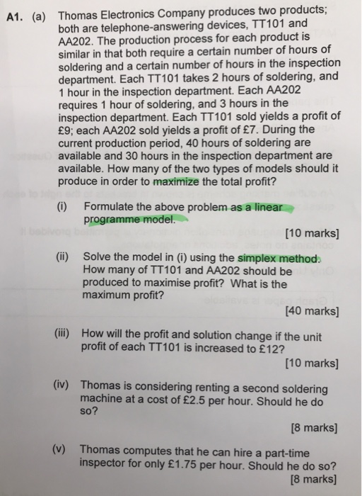 Solved A1. (a) Thomas Electronics Company produces two | Chegg.com