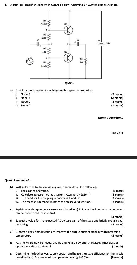Solved A push-pull amplifier is shown in Figure 1 ﻿below. | Chegg.com