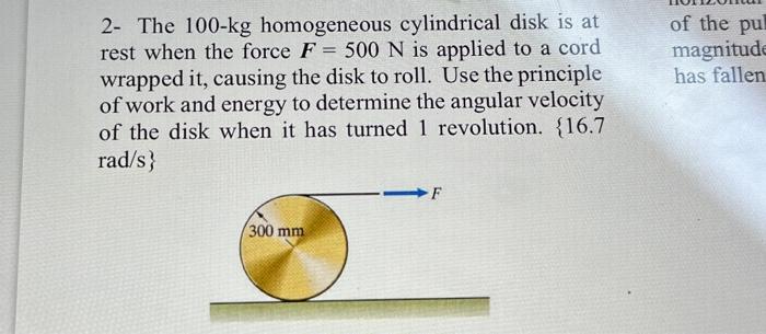 Solved 2- The 100−kg homogeneous cylindrical disk is at rest | Chegg.com