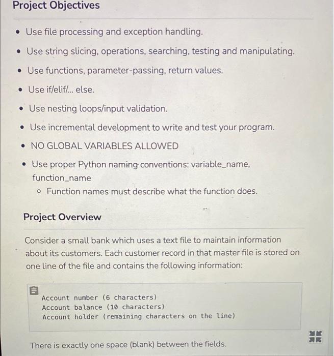 Solved Project Objectives • Use file processing and | Chegg.com