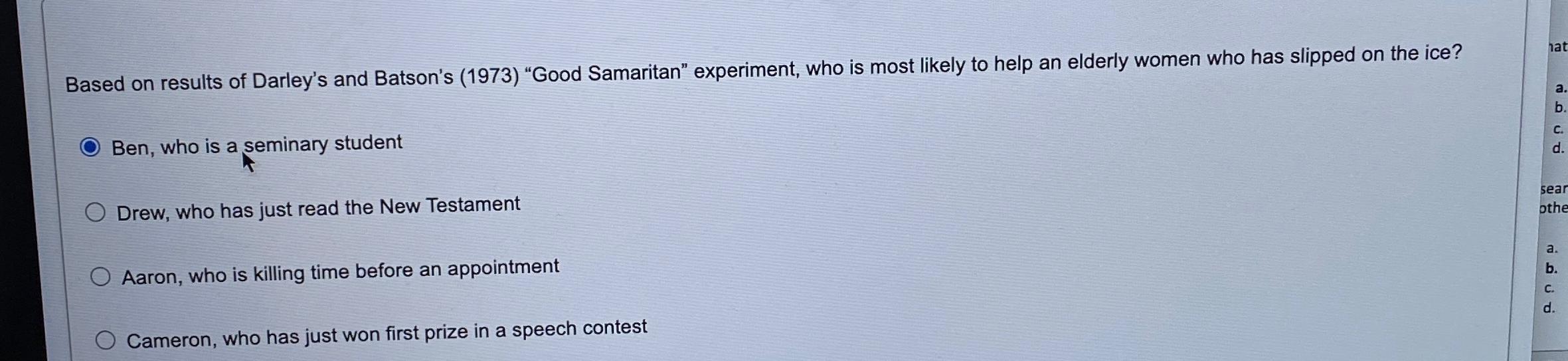 Based on results of Darley's and Batson's (1973) | Chegg.com