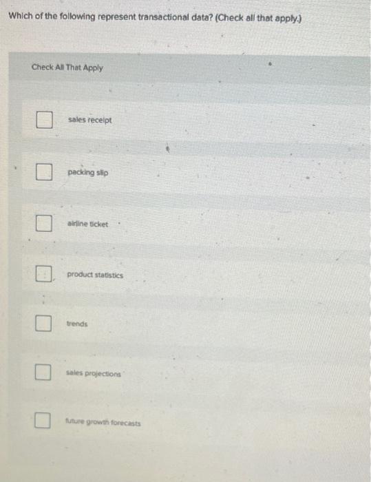 Solved Which of the following represent transactional data? | Chegg.com
