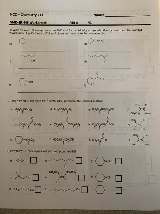 Solved MCC - Chemistry 211 Name: NMR-IR-MS Worksheet /40 = % | Chegg.com