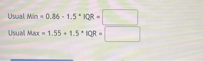 Min=0.86−1.5∗IQR= Max=1.55+1.5∗IQR= | Chegg.com