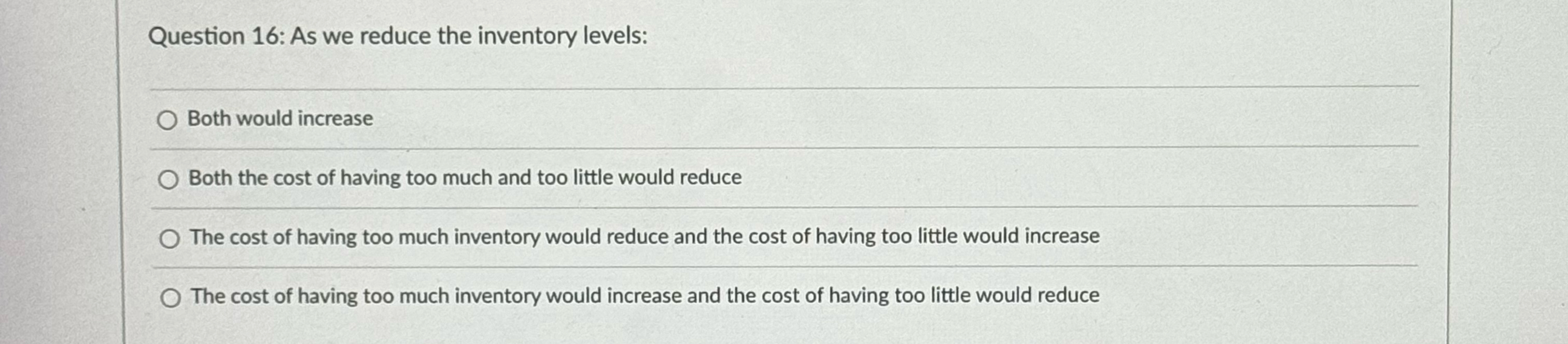 Solved Question 16: As we reduce the inventory levels:Both | Chegg.com