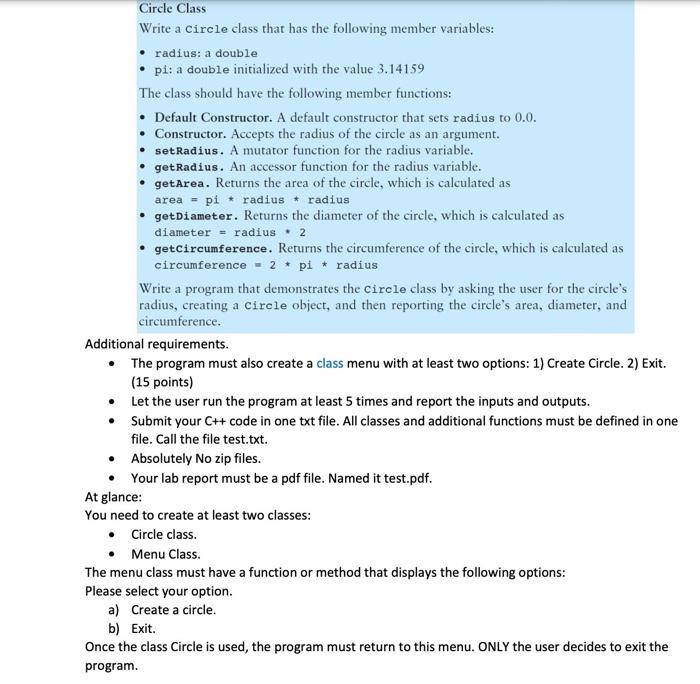 Solved Circle Class Write A Circle Class That Has The 
