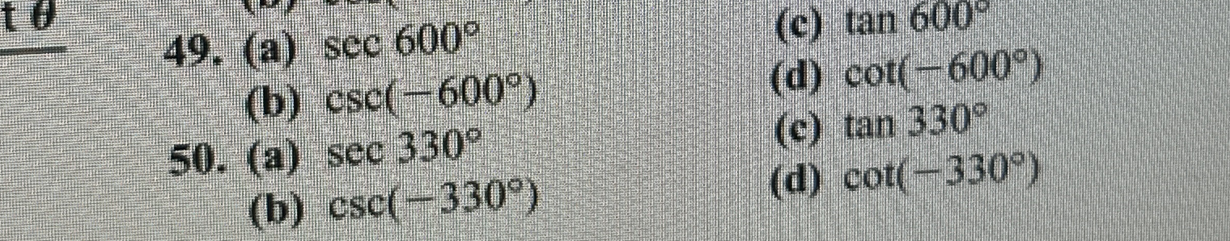 Solved (a) sec600°(c) tan600°(b) csc(-600°)(d) cot(-600°)(a) | Chegg.com