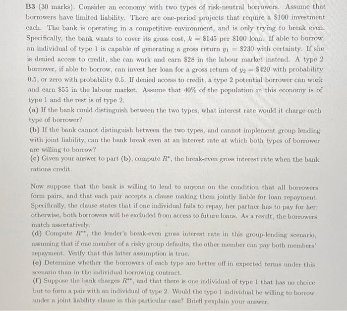 Solved B3 (30 marks). Consider an economy with two types of | Chegg.com