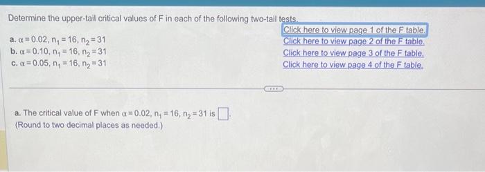 Solved Determine the upper-tail critical values of F in each | Chegg.com