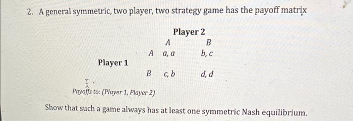 Solved 2. A general symmetric, two player, two strategy game | Chegg.com