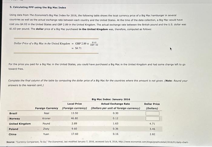 Solved 5. Calculating PPP using the Big Mac Index Using data | Chegg.com