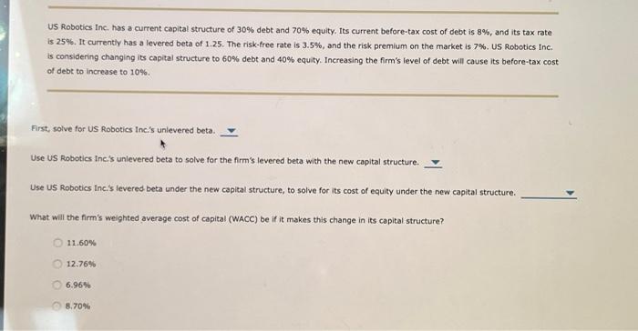 Solved US Robotics Inc. has a current capital structure of | Chegg.com