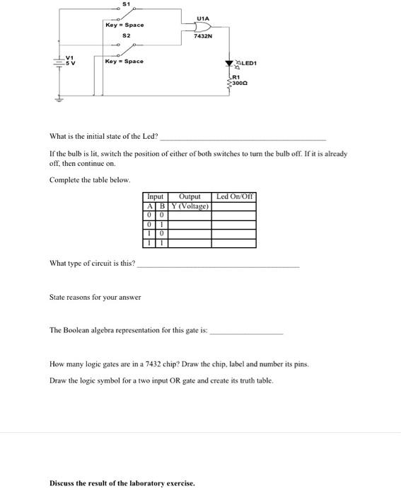 Solved U1A Key Space S2 7432N Key = Space LED1 LRI 3000 What | Chegg.com