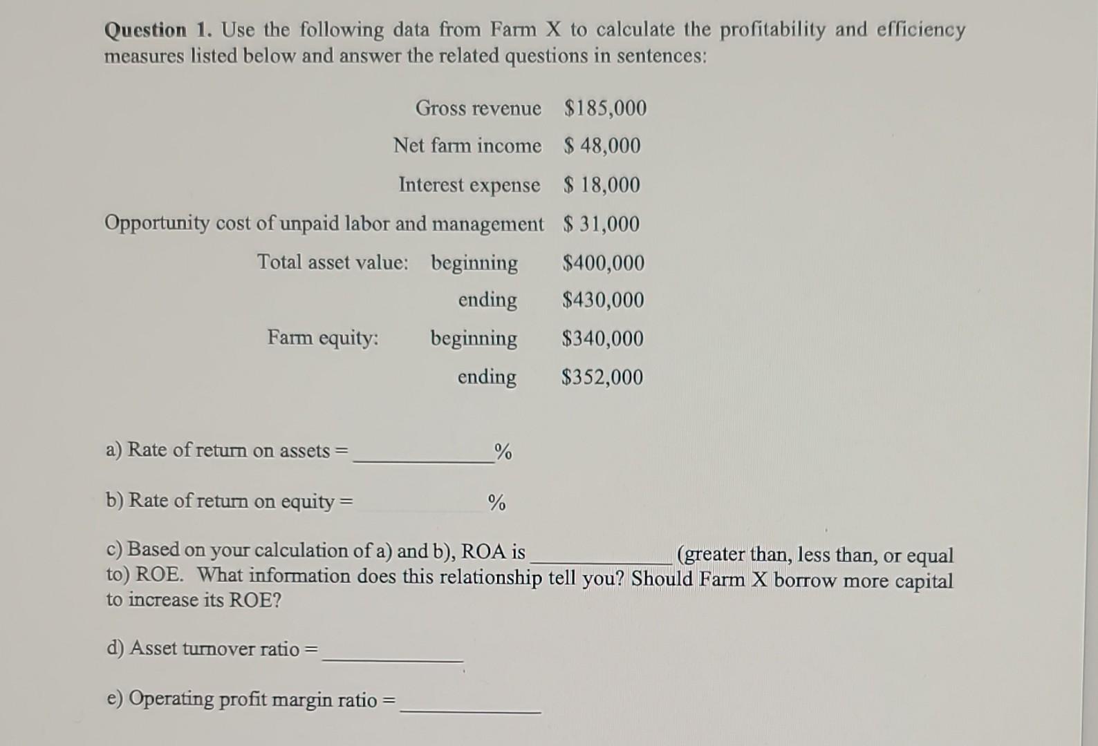 Solved Question 1. Use the following data from Farm X to | Chegg.com