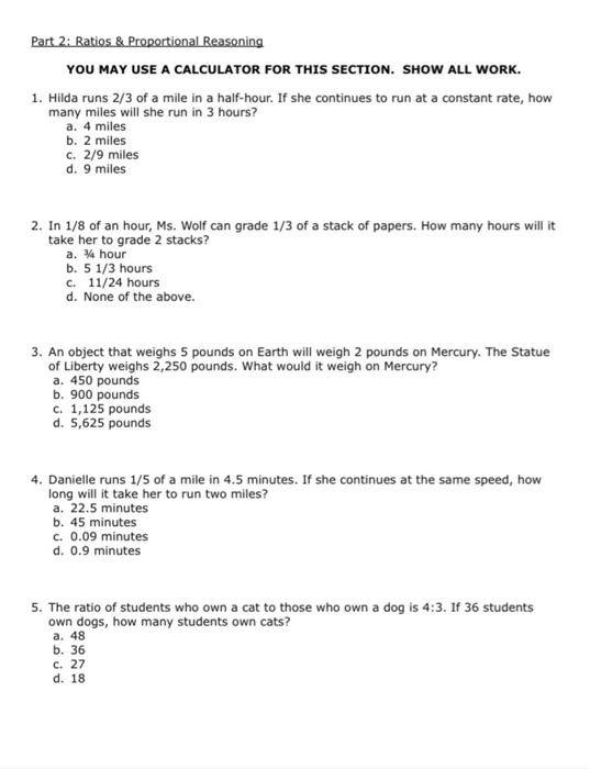 Solved Part 2: Ratios & Proportional Reasoning YOU MAY USE A | Chegg.com