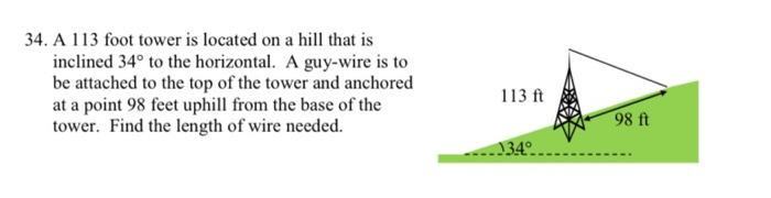 Solved 34. A 113 foot tower is located on a hill that is | Chegg.com