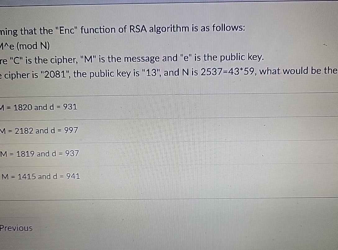 Solved ning that the "Enc" function of RSA algorithm is as | Chegg.com