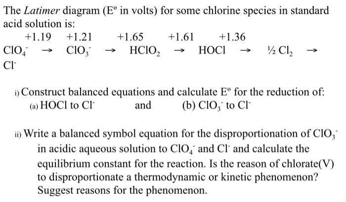 Solved The Latimer diagram (Eº in volts) for some chlorine | Chegg.com