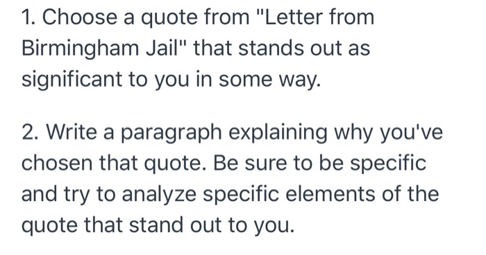 Solved 1. Choose a quote from "Letter from Birmingham Jail" | Chegg.com