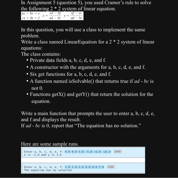Solved In Assignment 5 (question 5), you used Cramer's rule | Chegg.com