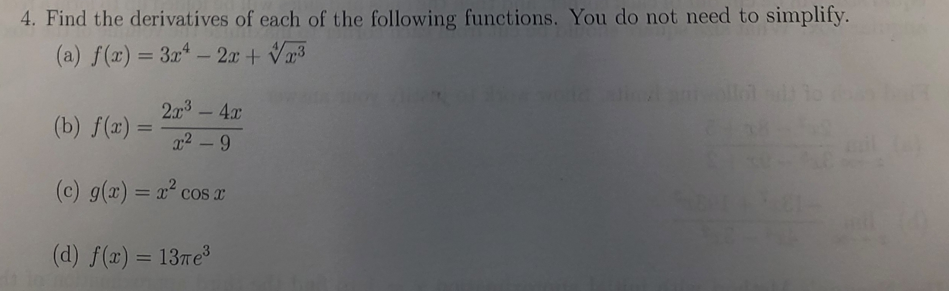 Solved Find the derivatives of each of the following | Chegg.com