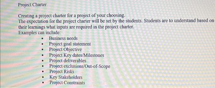 Solved Creating a project charter for a project of your | Chegg.com