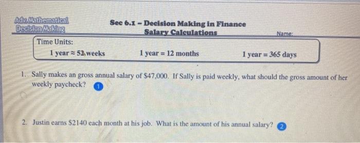 Solved Sec 6.1 - Decision Making in Finance Salary | Chegg.com