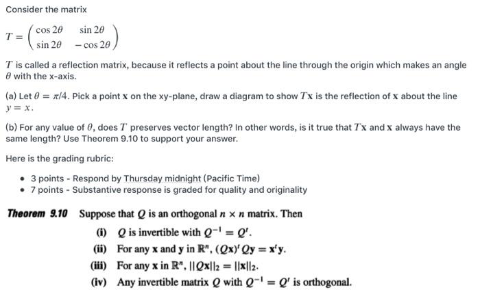 Solved Consider the matrix cos 20 sin 20 T = sin 20 - cos 20 | Chegg.com