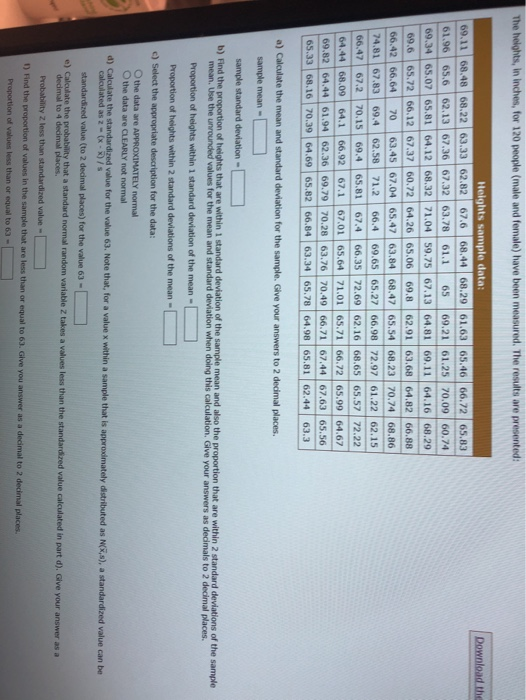 Solved The heights, in inches, for 120 people (male and | Chegg.com