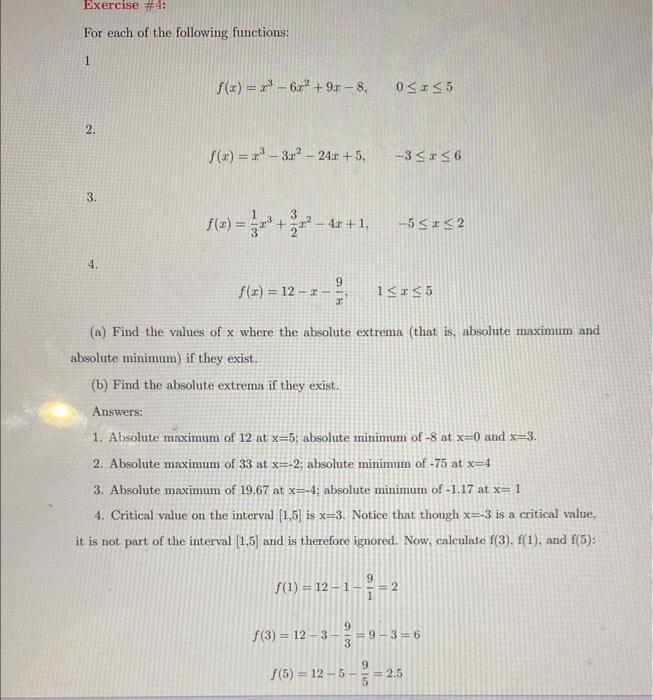 Solved Exercise \#4: For each of the following functions: 1 | Chegg.com