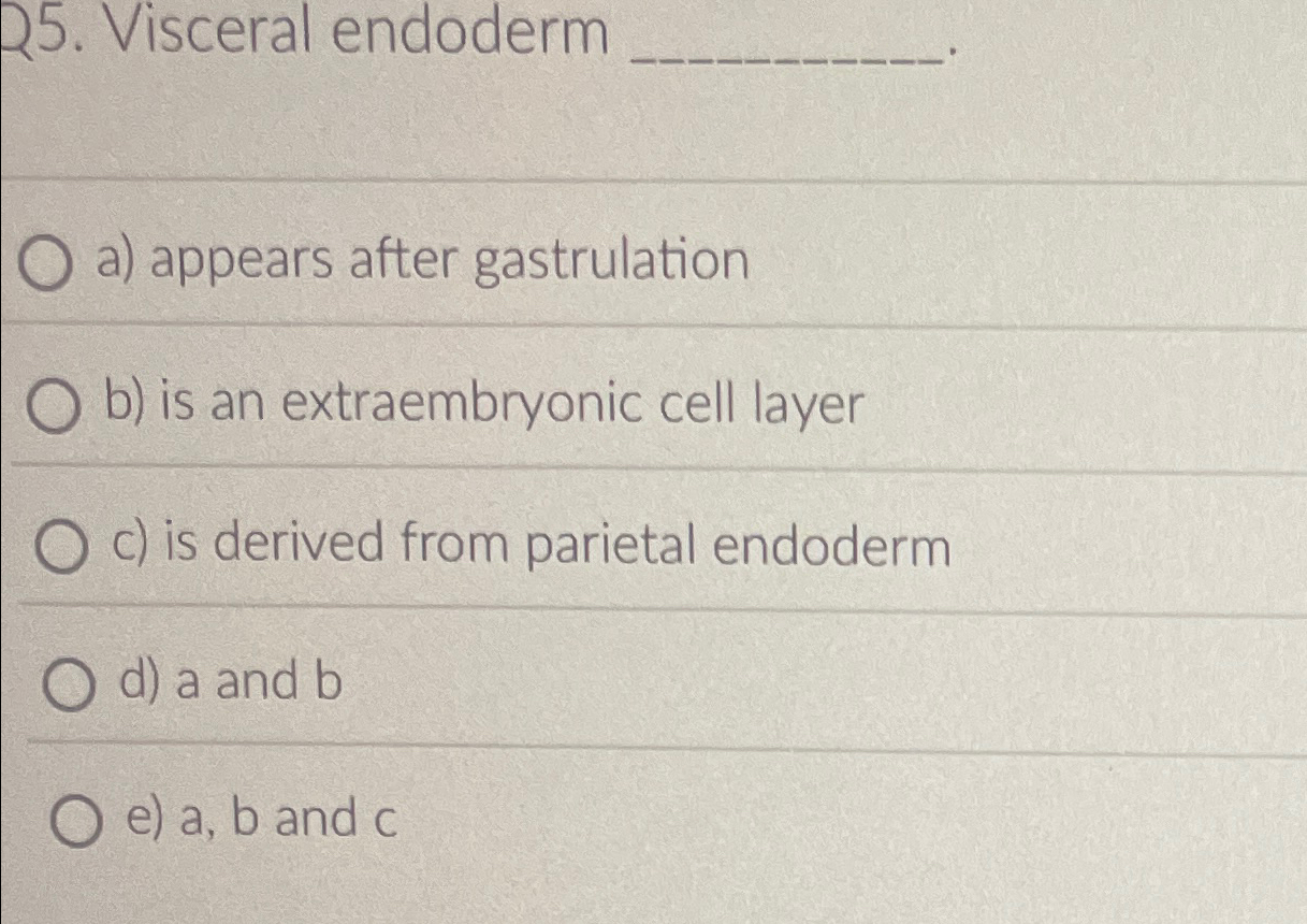 Solved Visceral endoderma) ﻿appears after gastrulationb) ﻿is | Chegg.com
