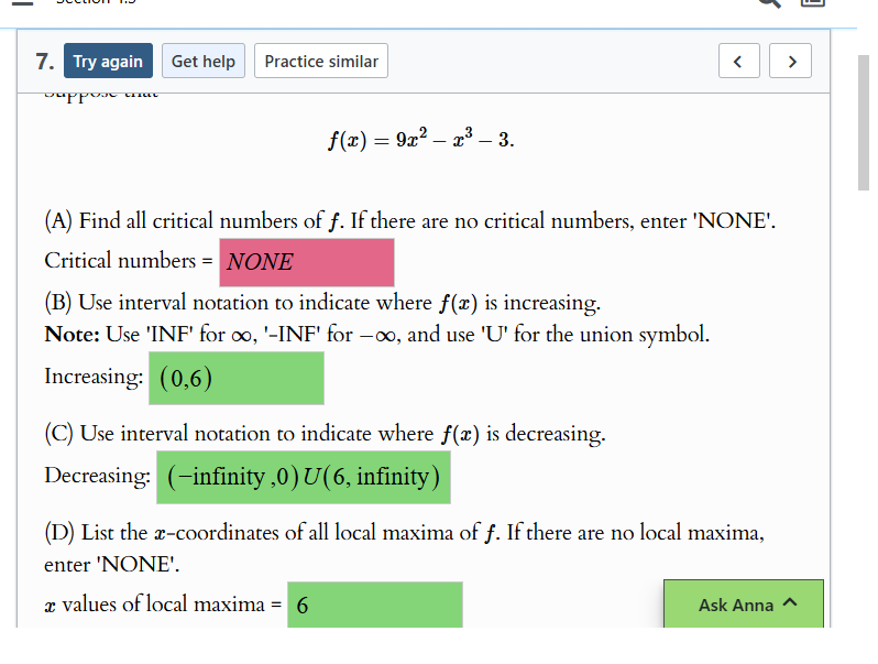 Solved f(x)=9x2-x3-3.(A) ﻿Find all critical numbers of f. If | Chegg.com