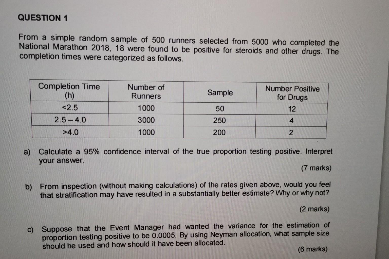 QUESTION 1 From a simple random sample of 500 runners | Chegg.com