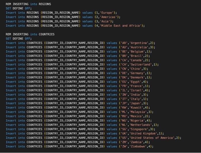 Solved CREATE TABLE regions region_id NUMBER GENERATED BY | Chegg.com