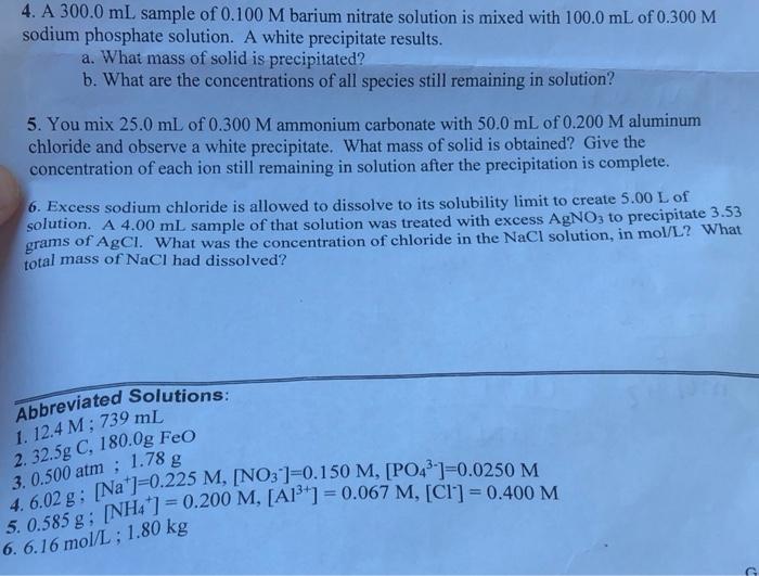 Solved 4. A 300.0 mL sample of 0.100M barium nitrate | Chegg.com