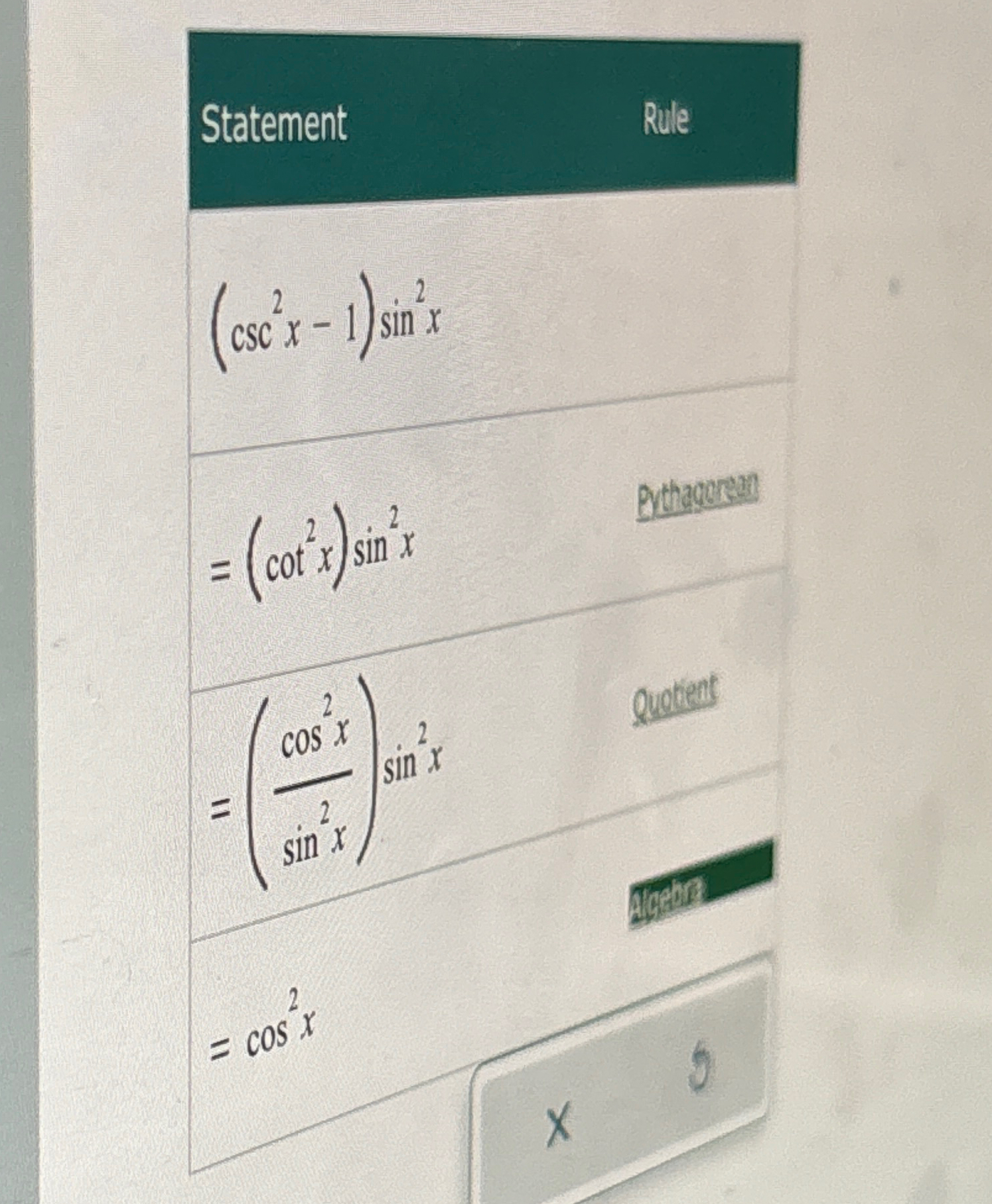 Solved StatementRule(csc2x-1)sin2x=(cot2x)sin2x=(cos2xsin2x) | Chegg.com
