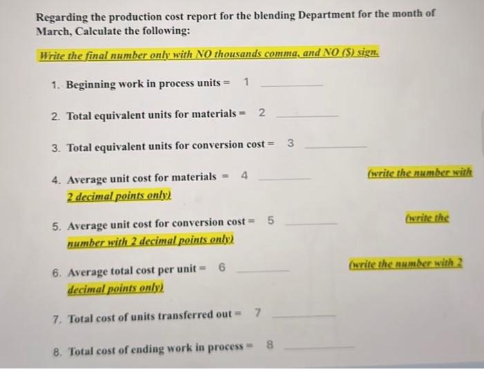Solved The Blending Department of Manufacturing Company has | Chegg.com