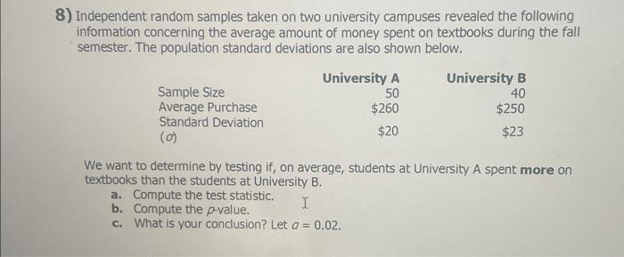 Solved 8) Independent random samples taken on two university | Chegg.com