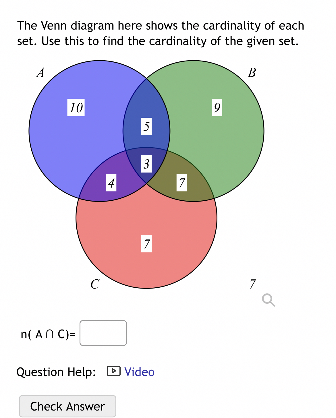 Solved The Venn diagram here shows the cardinality of each | Chegg.com