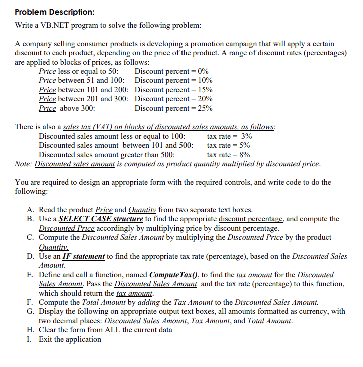 Problem Description:Write a VB.NET program to solve | Chegg.com