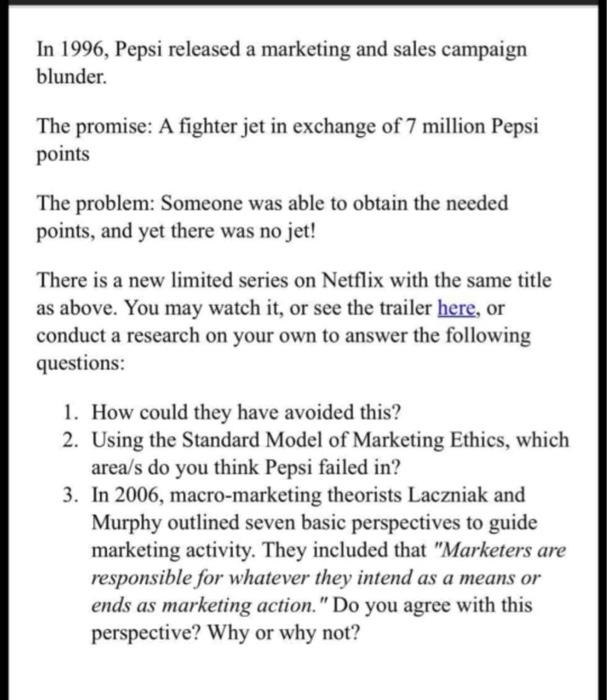 Solved In 1996, Pepsi released a marketing and sales | Chegg.com