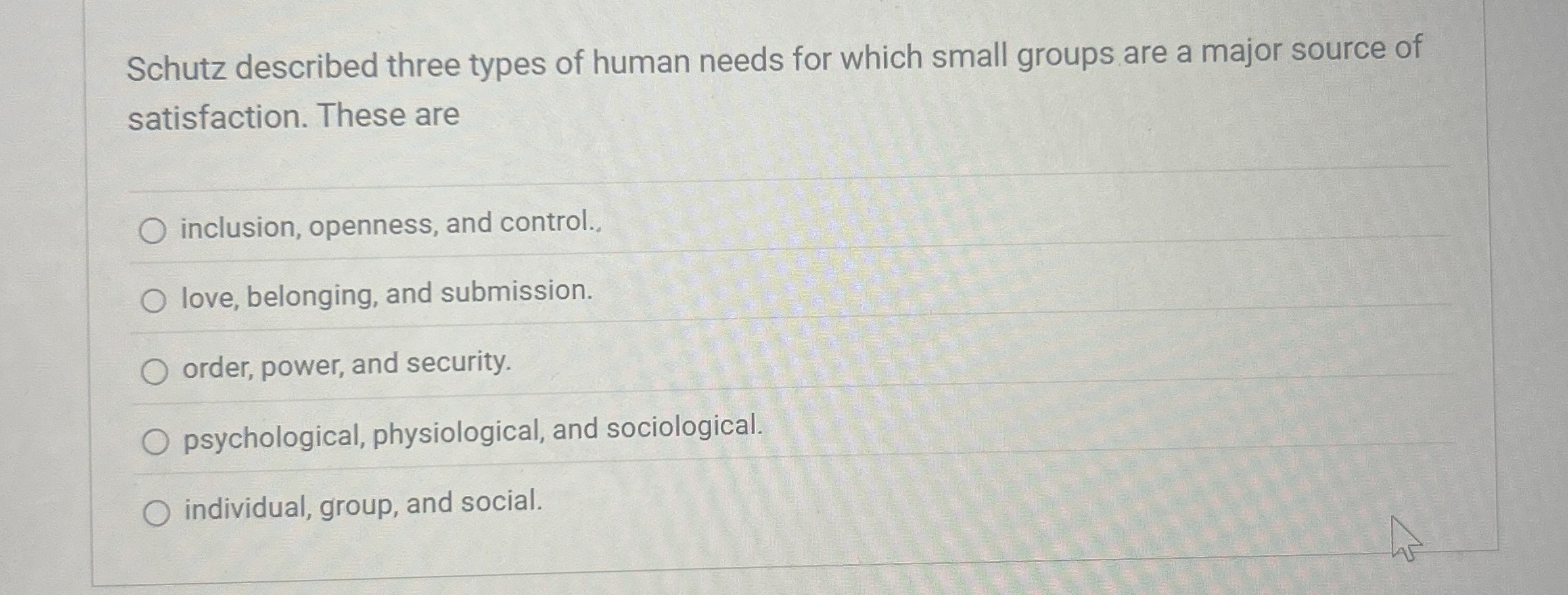 Schutz described three types of human needs for which | Chegg.com