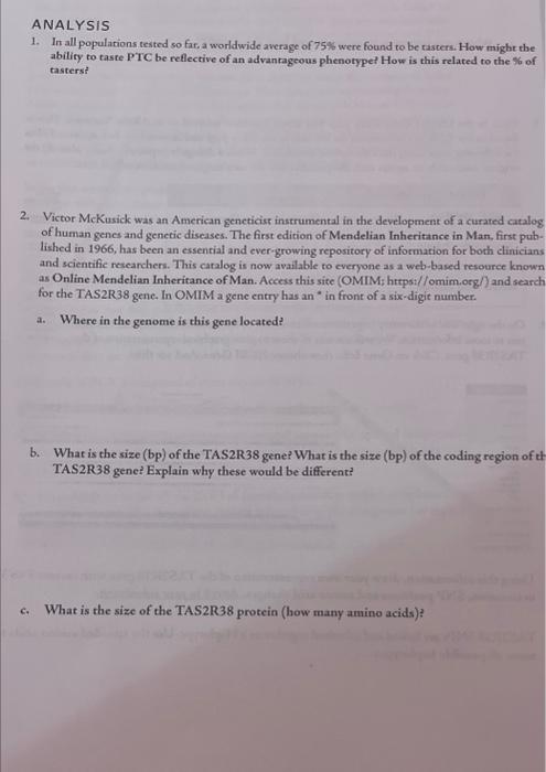 Solved ANALYSIS 1. In all populations tested so far, a | Chegg.com