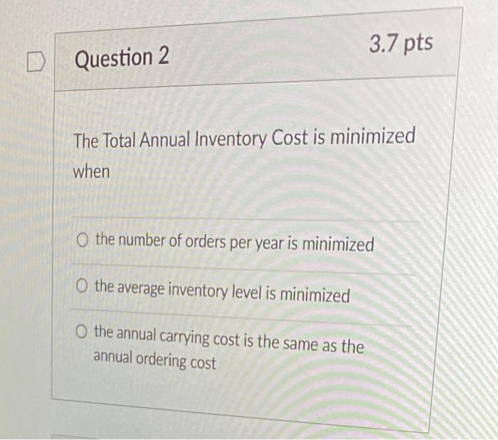 Solved The Total Annual Inventory Cost is minimized when the | Chegg.com