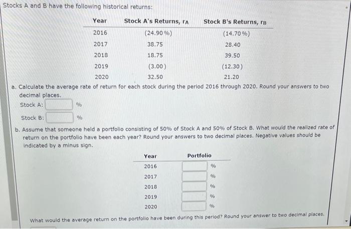Solved Stocks A and B have the following historical returns: | Chegg.com