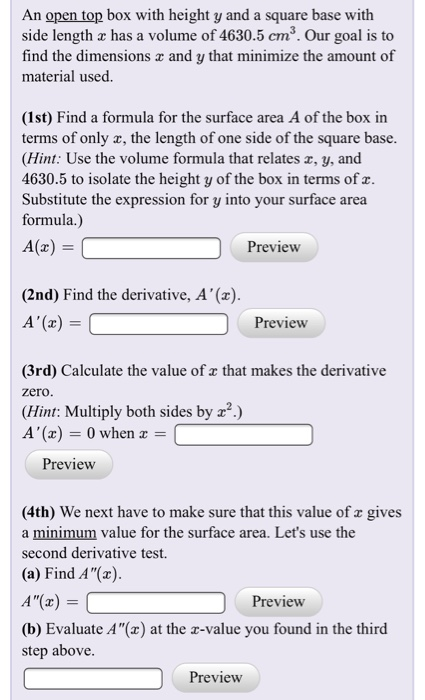 Solved An open top box with height y and a square base with | Chegg.com