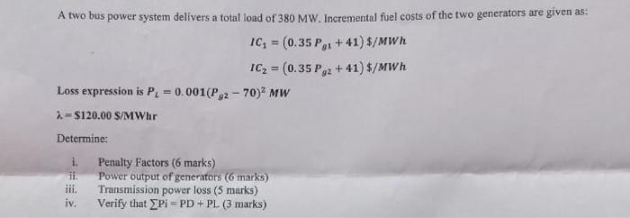 Solved A two bus power system delivers a total load of | Chegg.com
