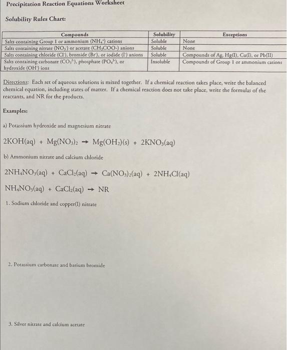 Solved Precipitation Reaction Equations Worksheet Solubility | Chegg.com