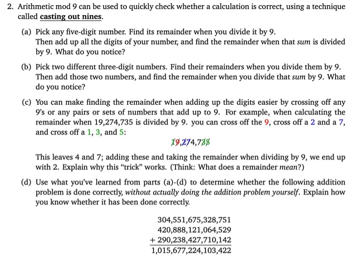 Solved 2. Arithmetic mod 9 can be used to quickly check | Chegg.com
