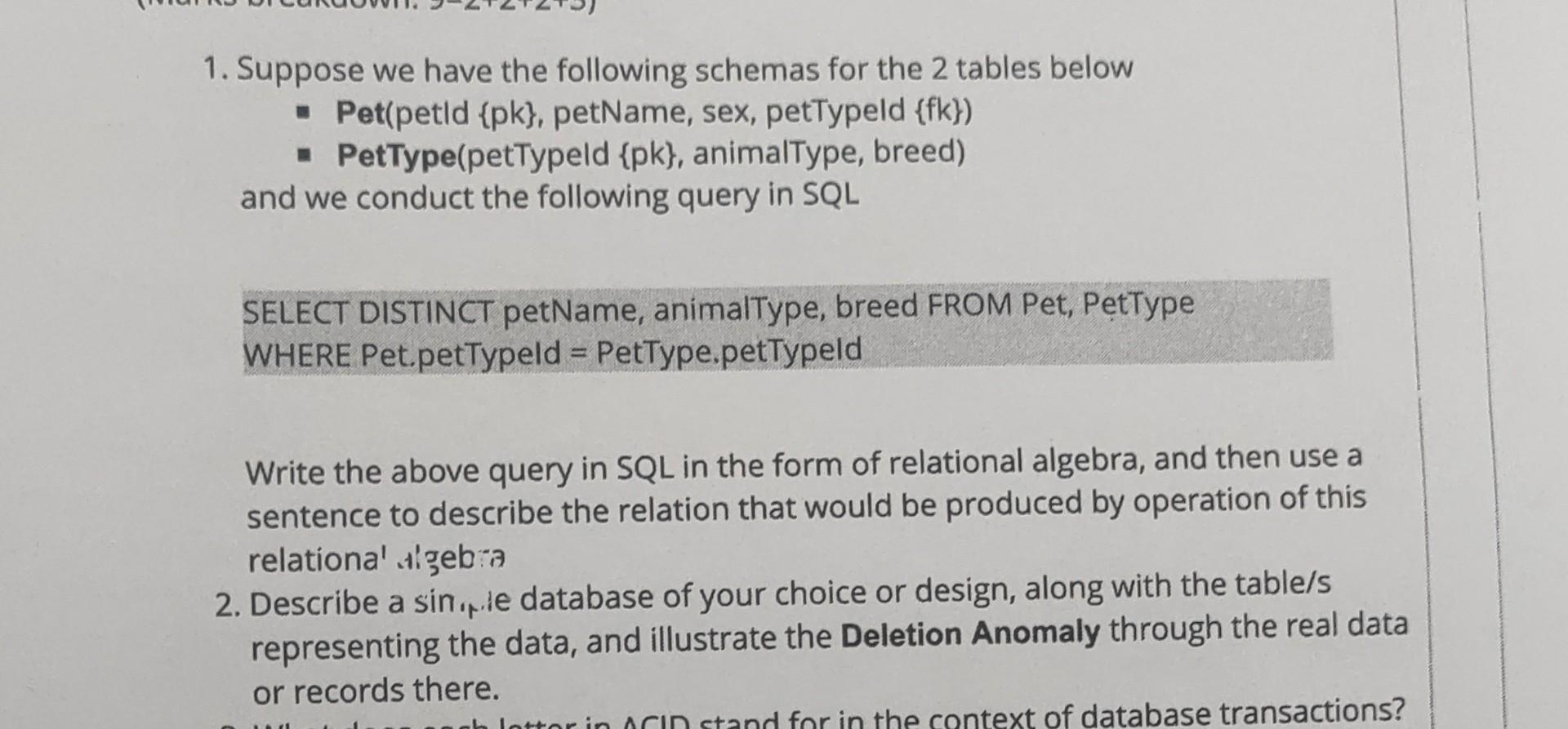 Solved 1. Suppose we have the following schemas for the 2 | Chegg.com